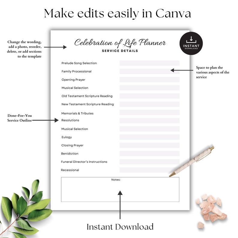 Celebration of Life Service Planner: 35-page Funeral Memorial Pack ...
