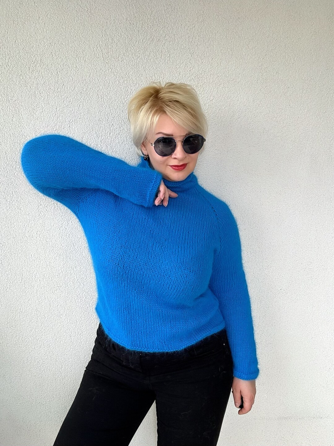 Blue Angora Sweater for Women, Fluffy Angora Womens Turtleneck Sweater ...