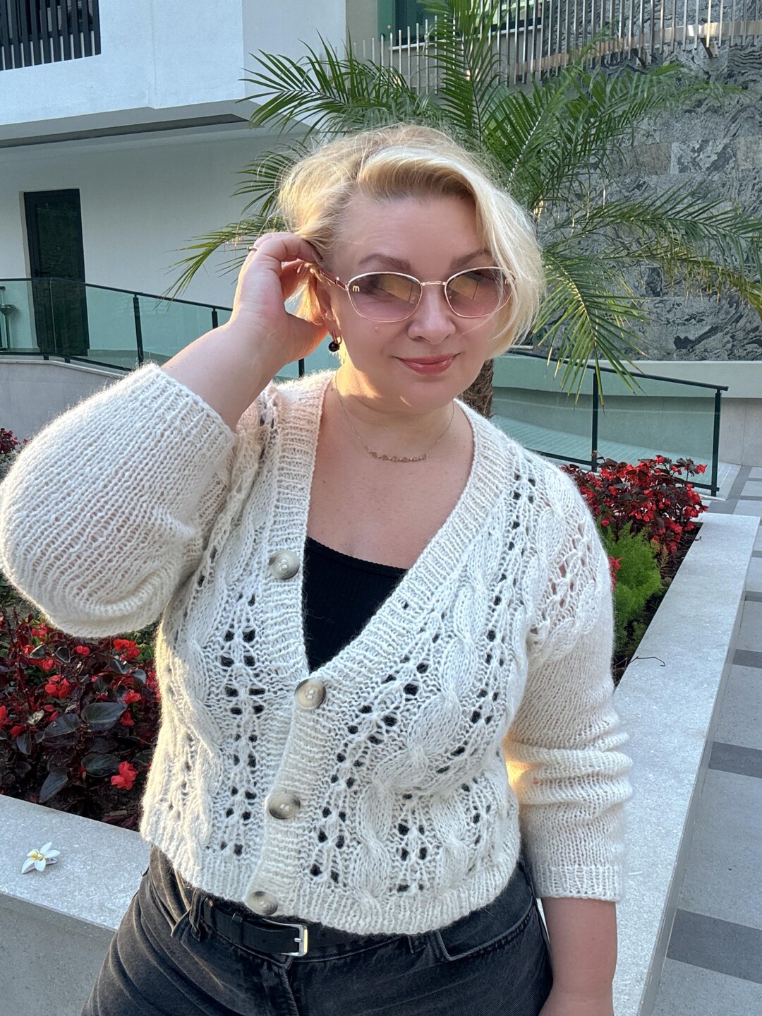 Alpaca Lace Knit Cardigan | Hand Knit Cream Sweater | Soft Cable ...
