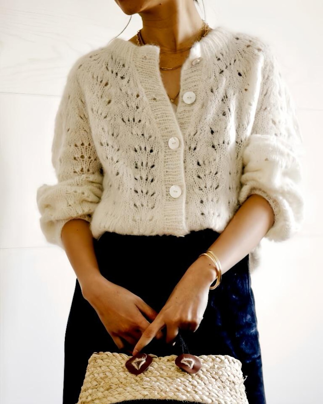 White Alpaca Cardigan | Romantic Lace Knit Sweater | Handknitted Merino ...