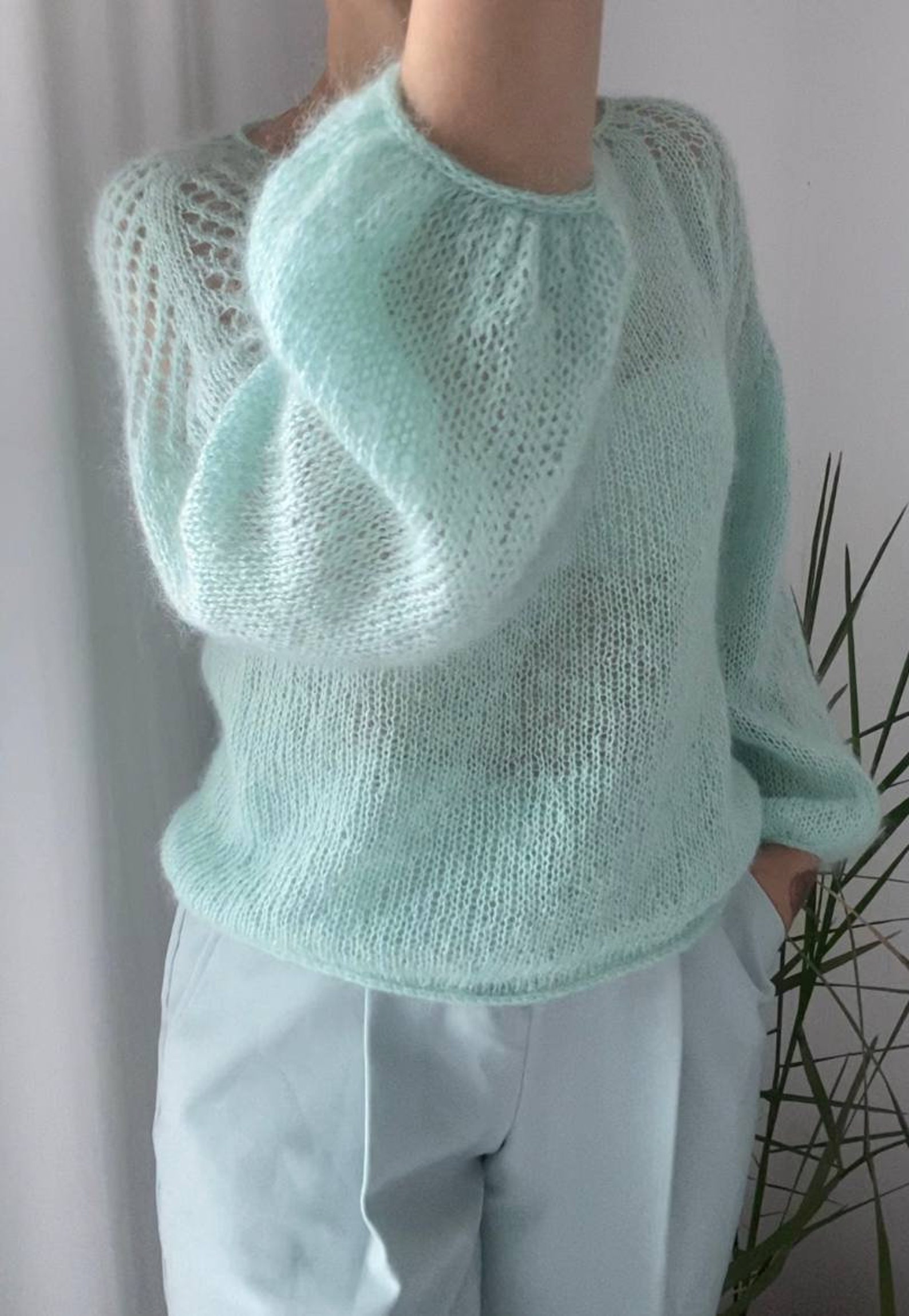 Turquoise Mohair Sweater, Hand Knit Sweater, Sweaters for Women, Loose ...