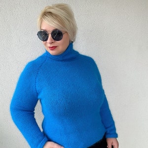 Blue Angora Sweater for Women, Fluffy Angora Womens Turtleneck Sweater ...