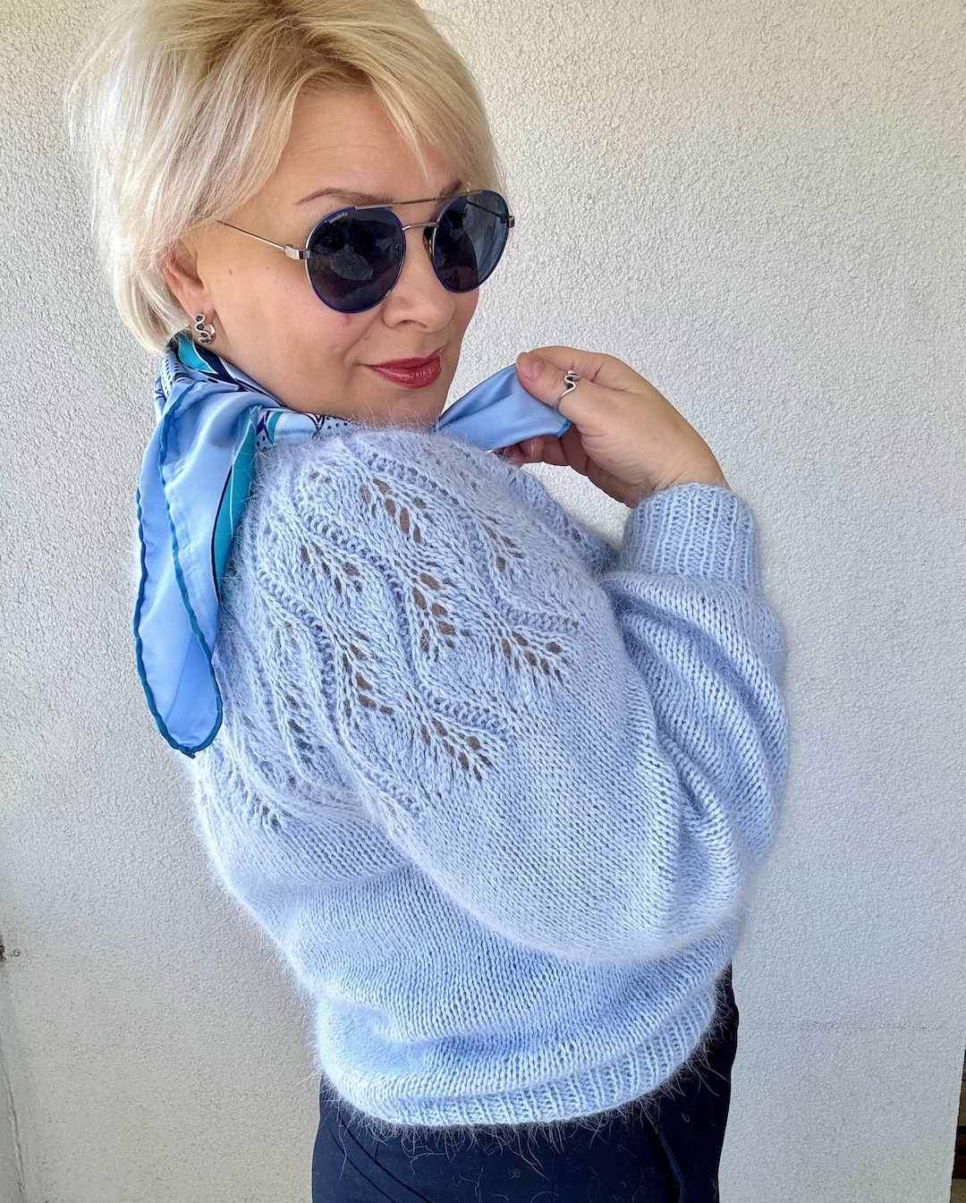 Blue Angora Sweater for Women, Angora Lace Sweater, Fluffy Knit for ...