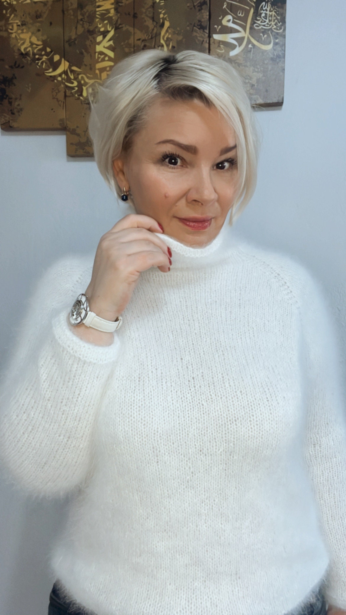 White Angora Sweater for Women, Fluffy Angora Womens Turtleneck Sweater ...
