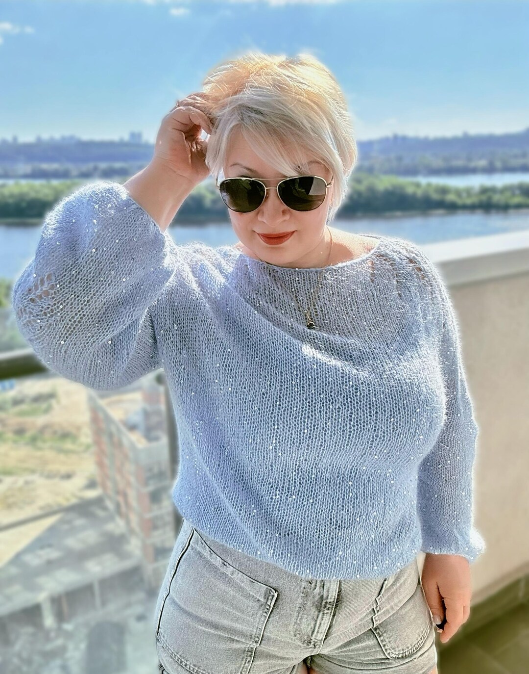 Suéter de mohair, Suéter de lentejuelas brillantes, Suéter con mangas ...