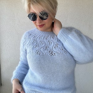 Blue Angora Sweater for Women, Angora Lace Sweater, Fluffy Knit for ...