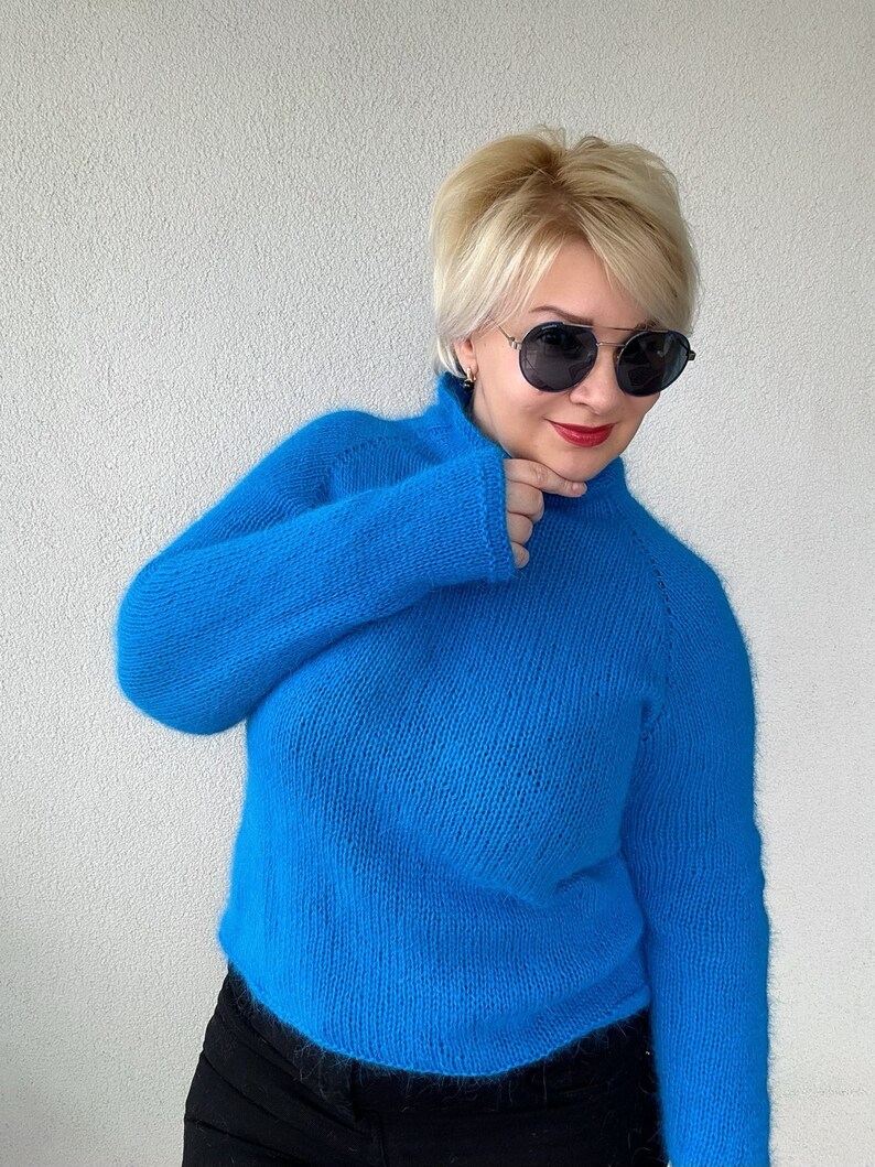 Blue Angora Sweater for Women, Fluffy Angora Womens Turtleneck Sweater ...