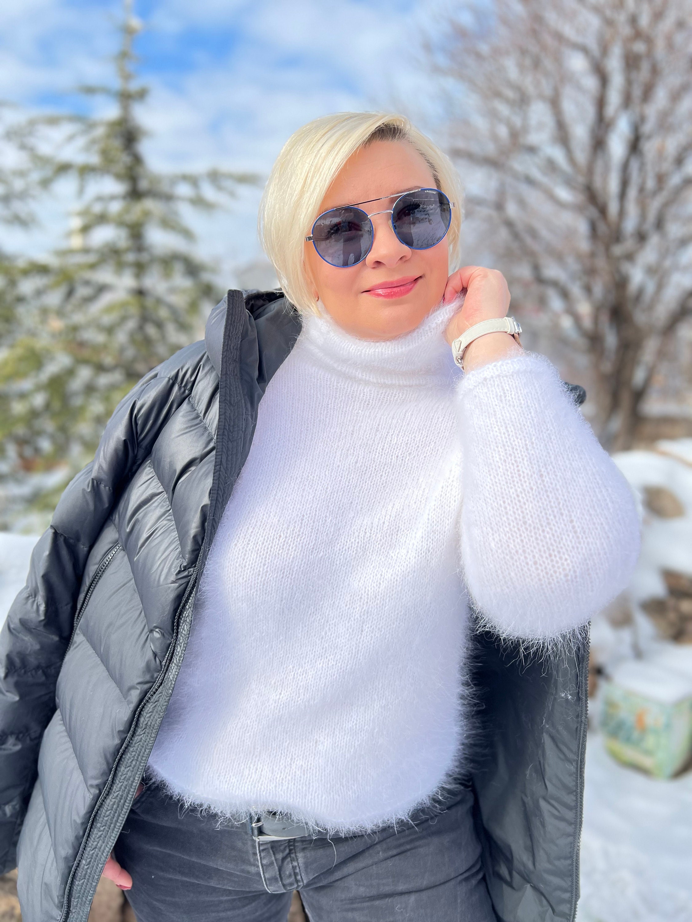 White Angora Sweater for Women, Fluffy Angora Womens Turtleneck Sweater, Angora Turtleneck ...