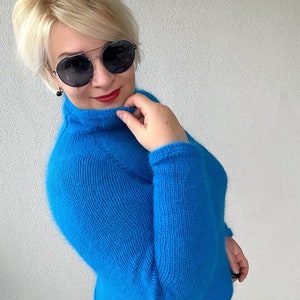 Blue Angora Sweater for Women, Fluffy Angora Womens Turtleneck Sweater ...