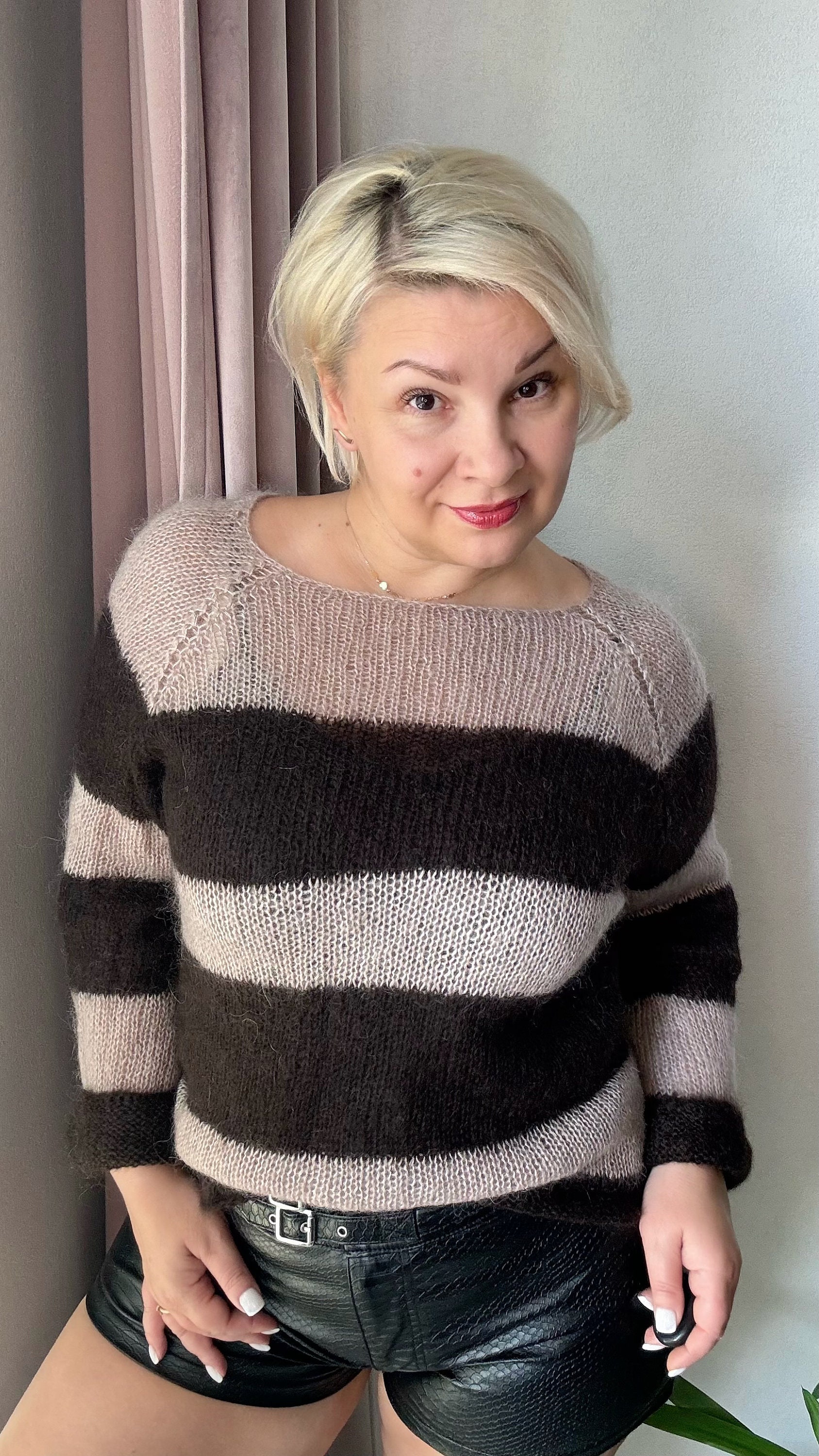 Striped Fluffy Mohair Sweater, Loose Knit Sweater, Women Sweater ...