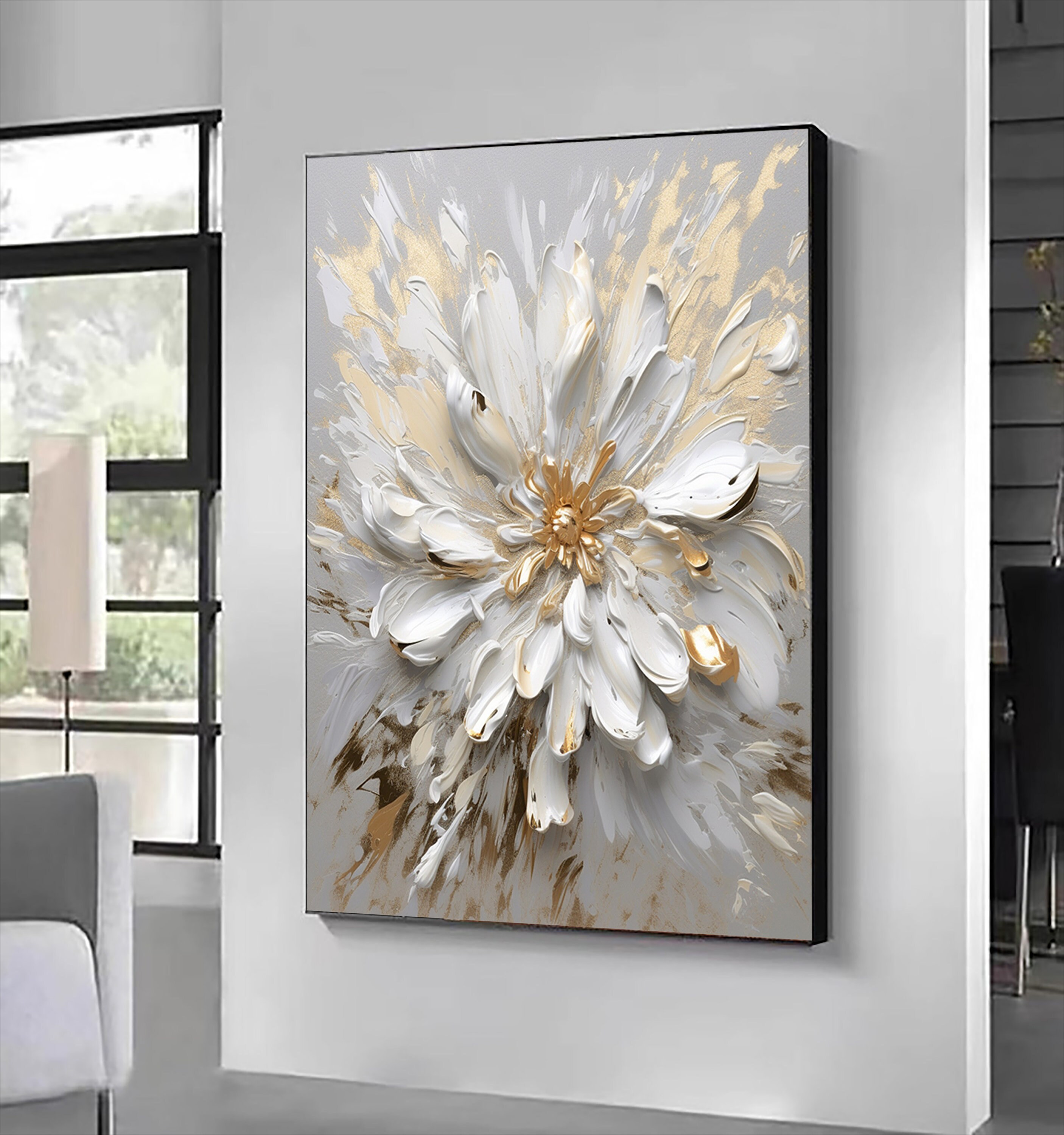 Original White Gray 3D Flower Oil Painting Canvas,abstract Gray Floral ...