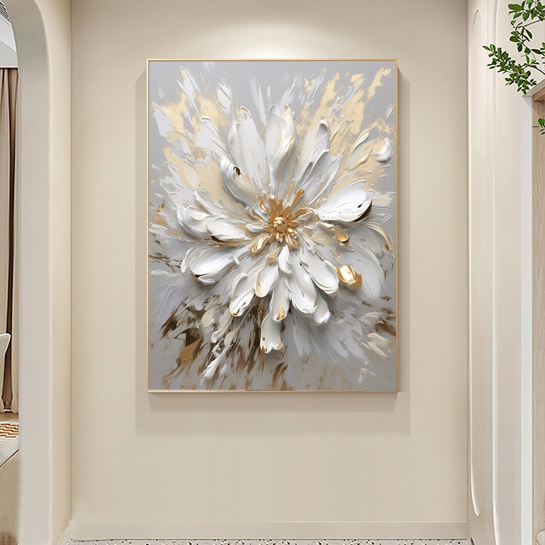 Original White Gray 3D Flower Oil Painting Canvas,abstract Gray Floral ...