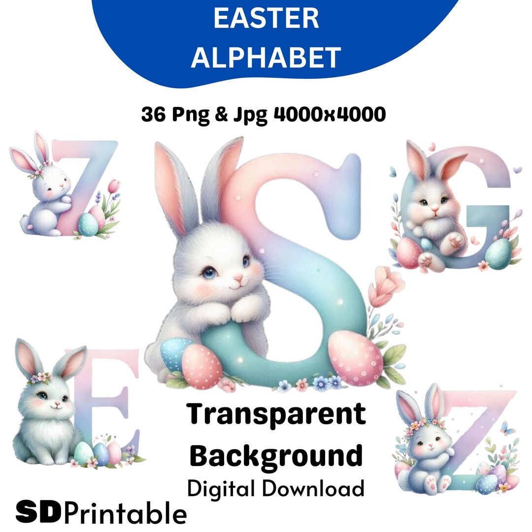 Easter Alphabet Clipart Bunny Letters A-Z & 0-9 Pastel Watercolor PNG ...