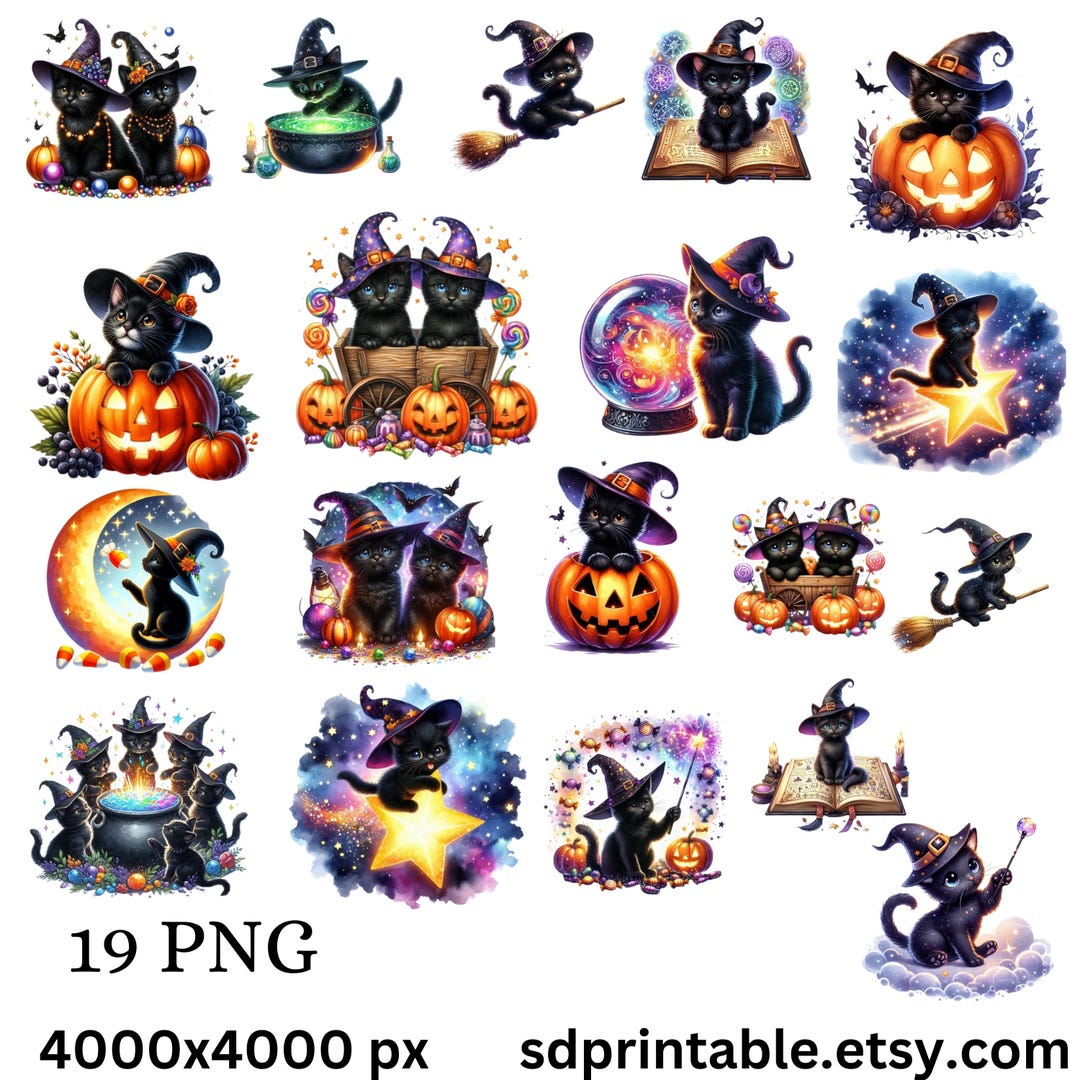 Cute Black Cat, Halloween Black Cat Clipart, 19 Png, Cute Witch Cat ...