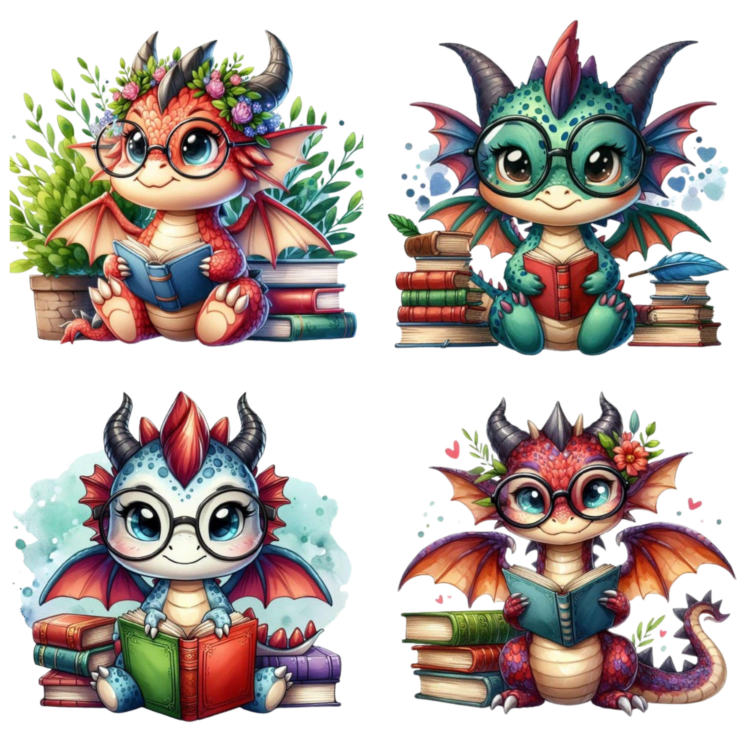Reading Dragon Clipart, Cute Dragon Clipart, Dragon Png, Watercolor ...