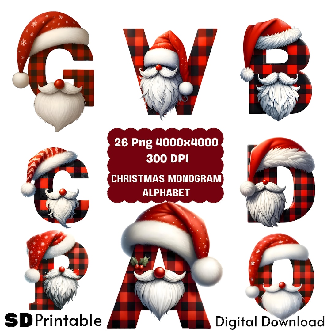 Christmas Monogram Alphabet PNG, Santa Hat Buffalo Plaid Letters, 26 ...
