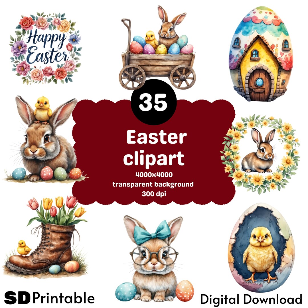 35 Easter Clipart Bundle, Cute Bunny and Chick Clipart, Spring Easter ...