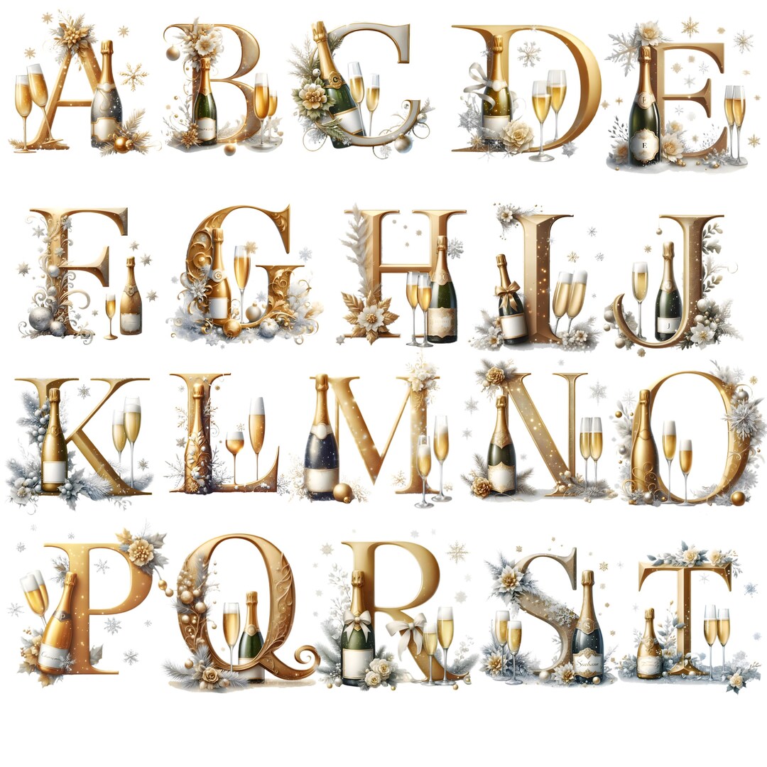 Elegant New Year Champagne Letters Clipart, Gold Alphabet PNG (digital ...