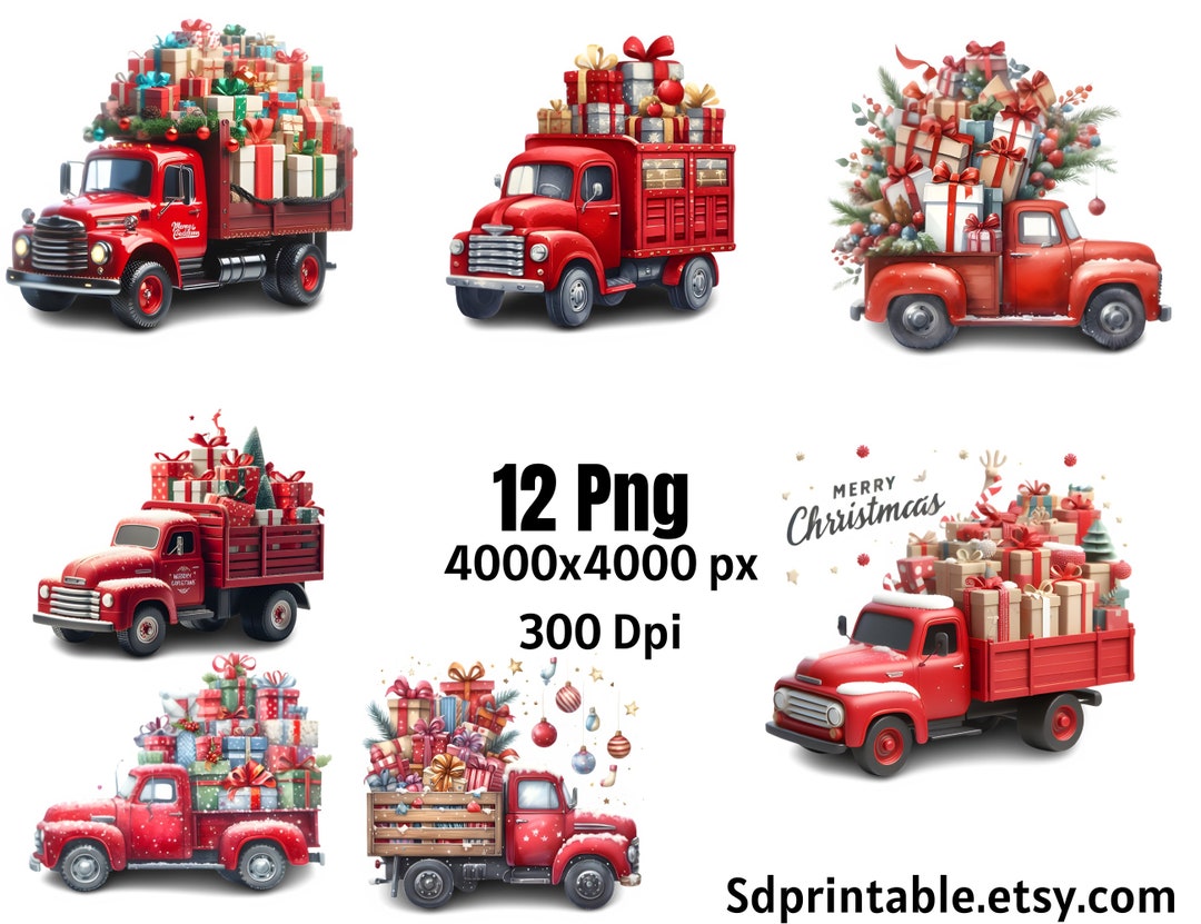 Red Christmas Truck Clipart Red Christmas Pick Up Watercolor - Etsy