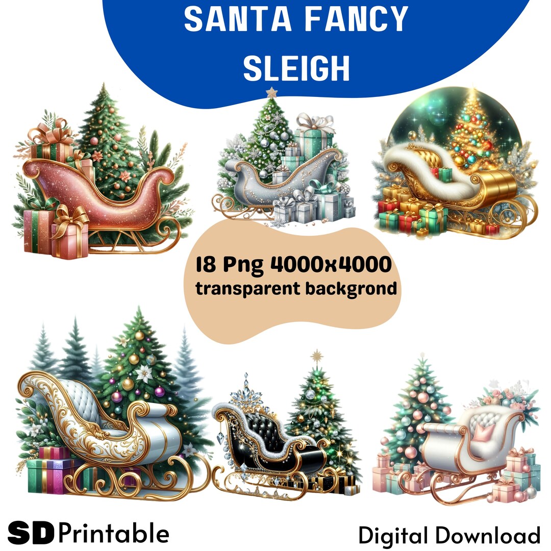 Santa Sleigh Clipart: 19 PNG Images, Christmas Graphics (digital ...