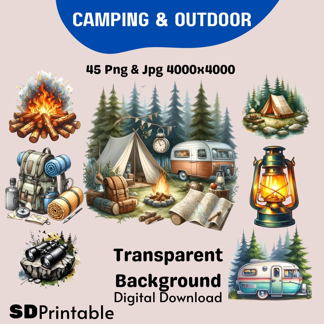 Watercolor Camping Clipart Bundle: Outdoor Adventure PNG Stickers ...