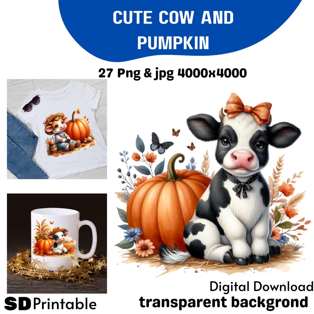 Cow and Pumpkin Clipart: Fall Farm Animals PNG JPG (digital Download ...
