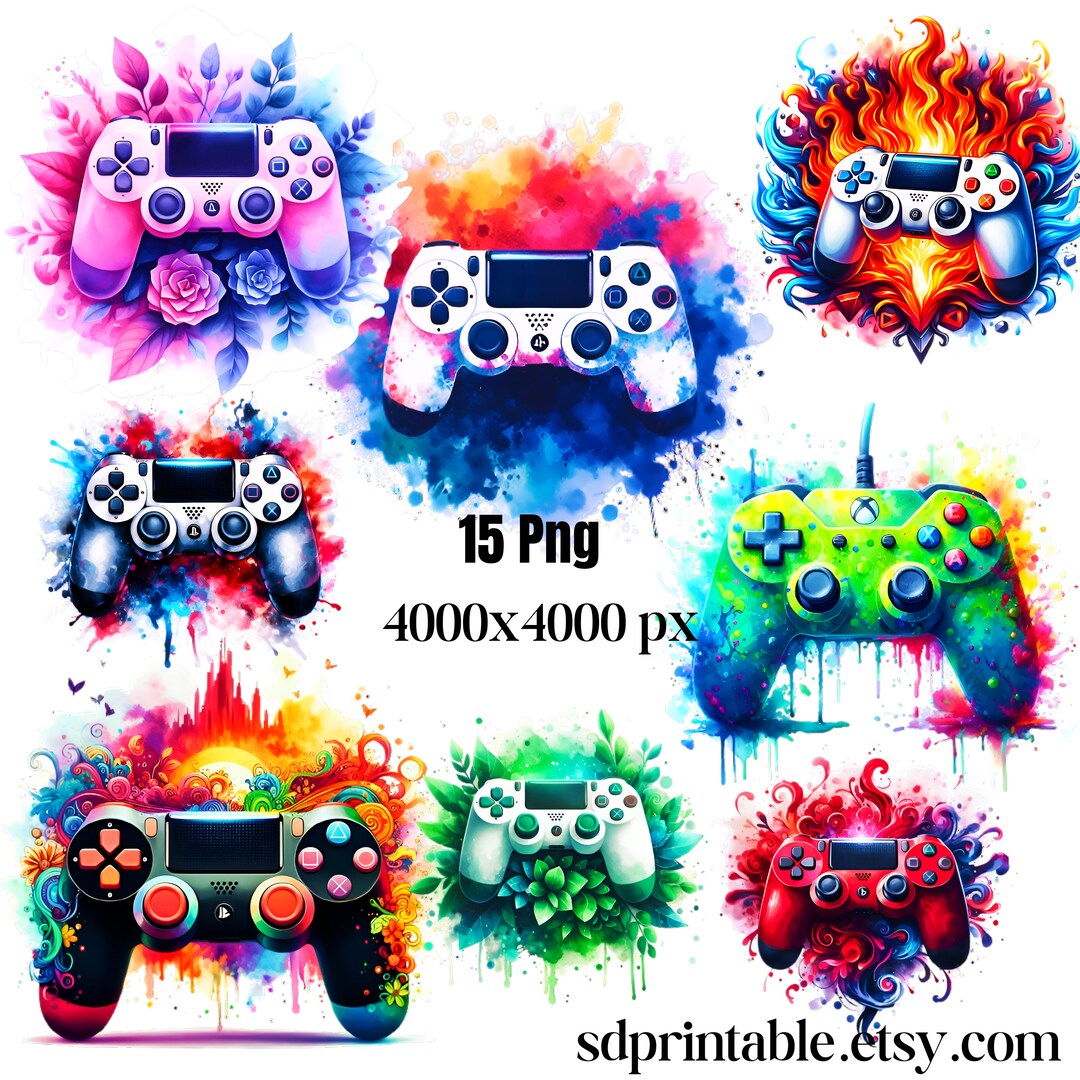 Watercolor Gaming Controller Clipart: Vibrant PNG Bundle (digital ...