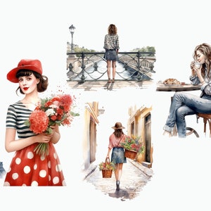 A Girl in Paris Watercolor Clipart Bundle Free Commercial France PNG ...
