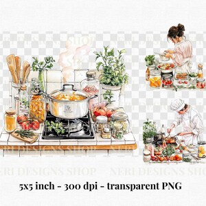 Kitchen Scene Watercolor Clipart, Cooking Woman Free Commercial PNG ...