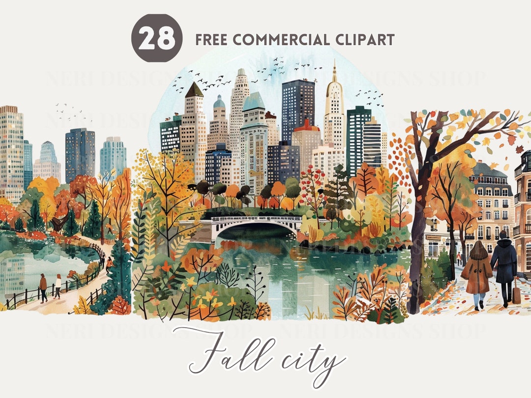 Fall Cityscape Watercolor Clipart, Urban Autumn Free Commercial PNG ...