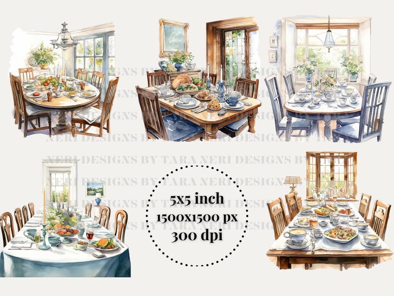 Rustic Dining Table With Food Watercolor Clipart Bundle Free Commercial ...
