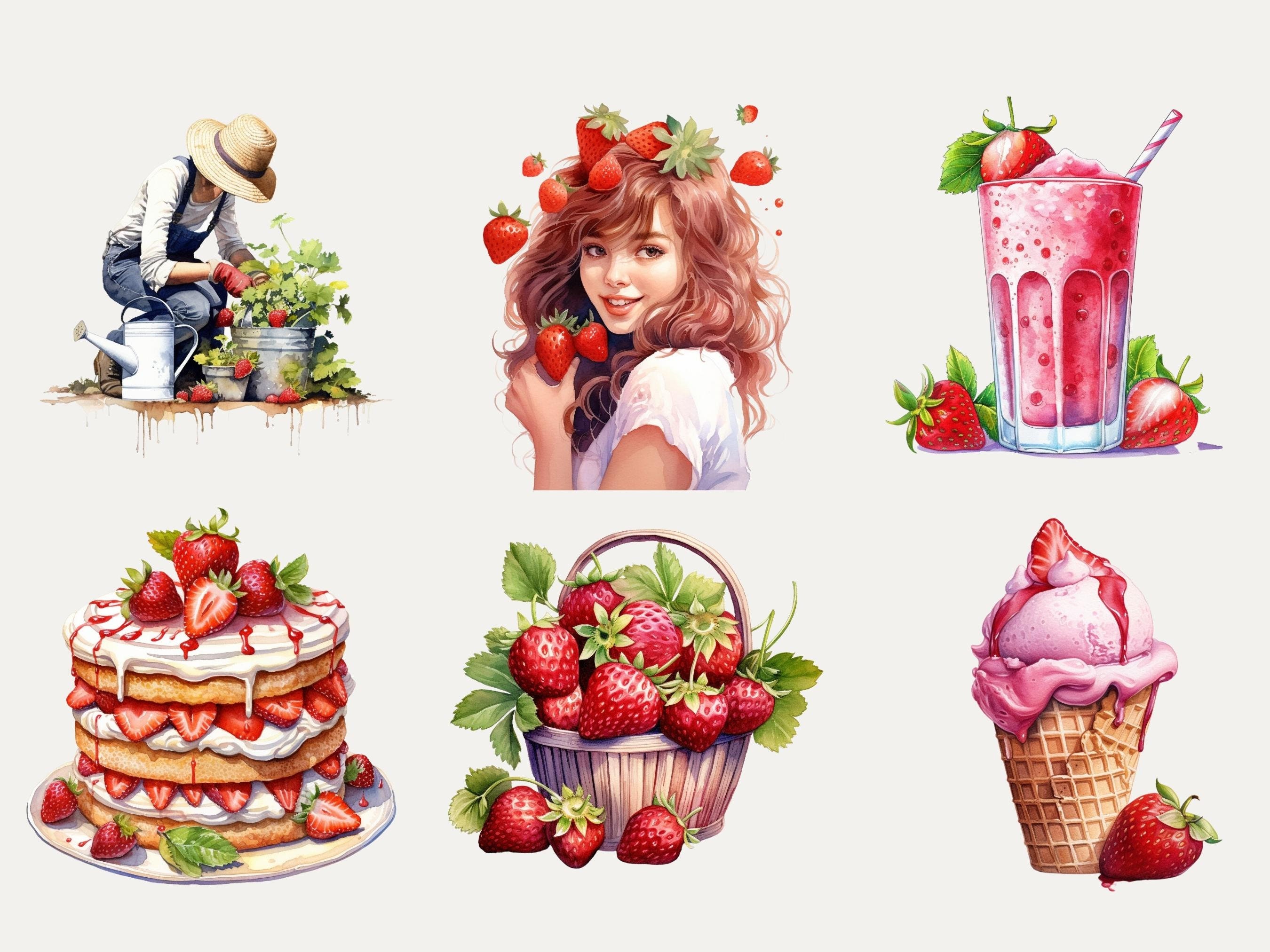 Strawberry Watercolor Clipart Bundle Strawberry Girl Garden - Etsy