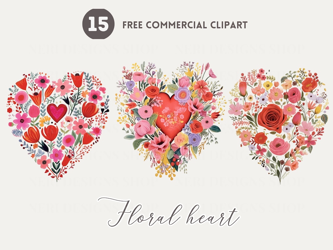 Floral Heart Shape Watercolor Clipart Bundle, Blossoms Arranged in ...