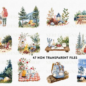 Forest Camping Watercolor Clipart, Mountain Picnic Scene Free ...