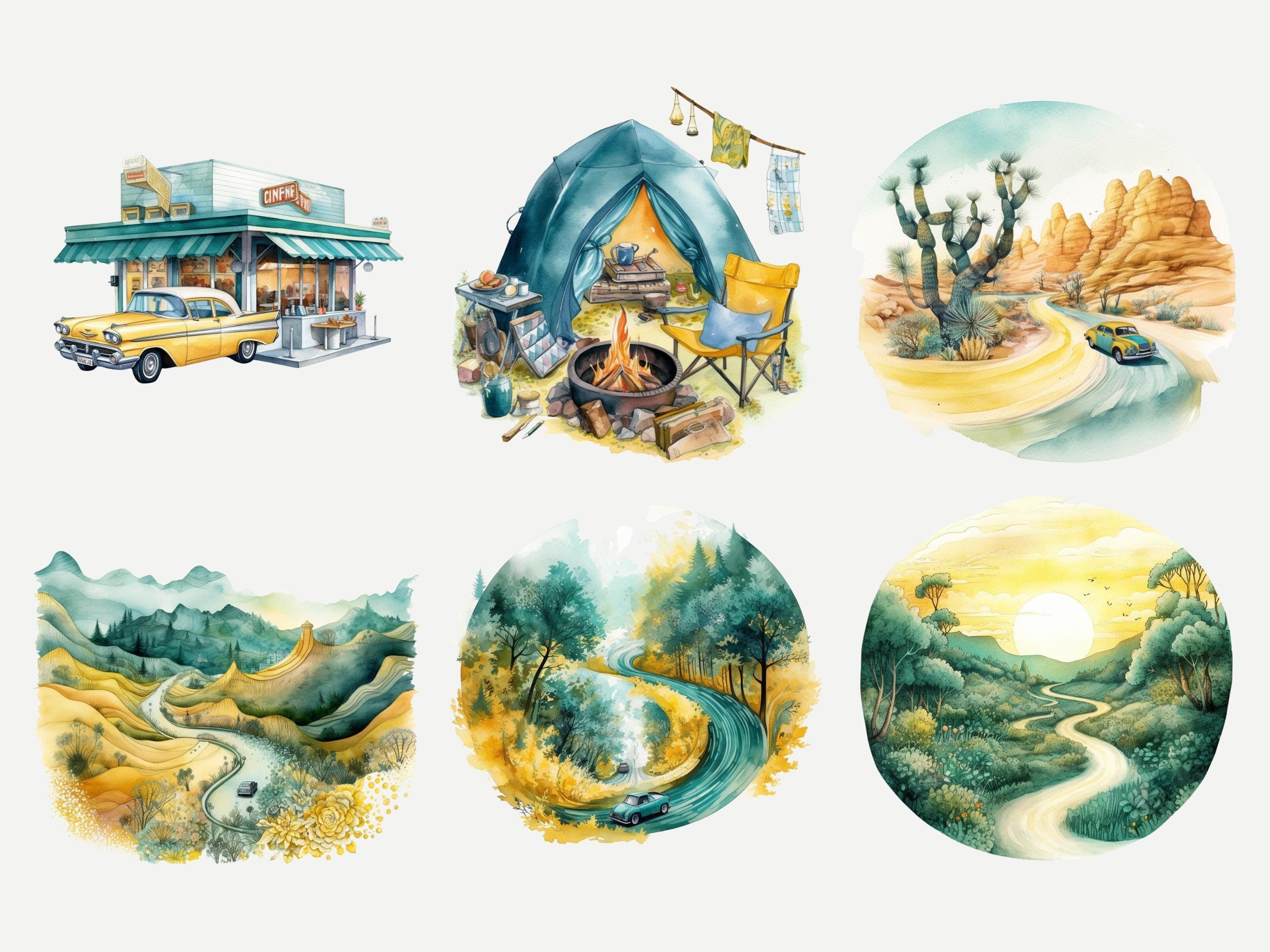 Summer Road Trip Watercolor Clipart Bundle Summer Travel Free - Etsy