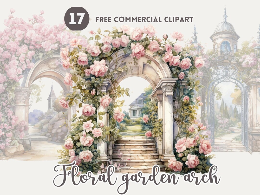 Garden Floral Arch Watercolor Clipart Bundle, Rose Arch Free Commercial ...