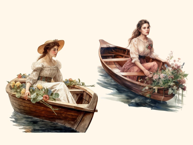 Girl on Boat Watercolor Clipart Bundle Floral Boat Free - Etsy
