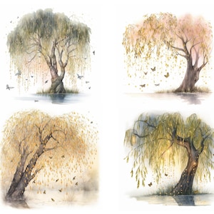 Glowing Willow Tree Watercolor Clipart Bundle Free Commercial Radiant ...