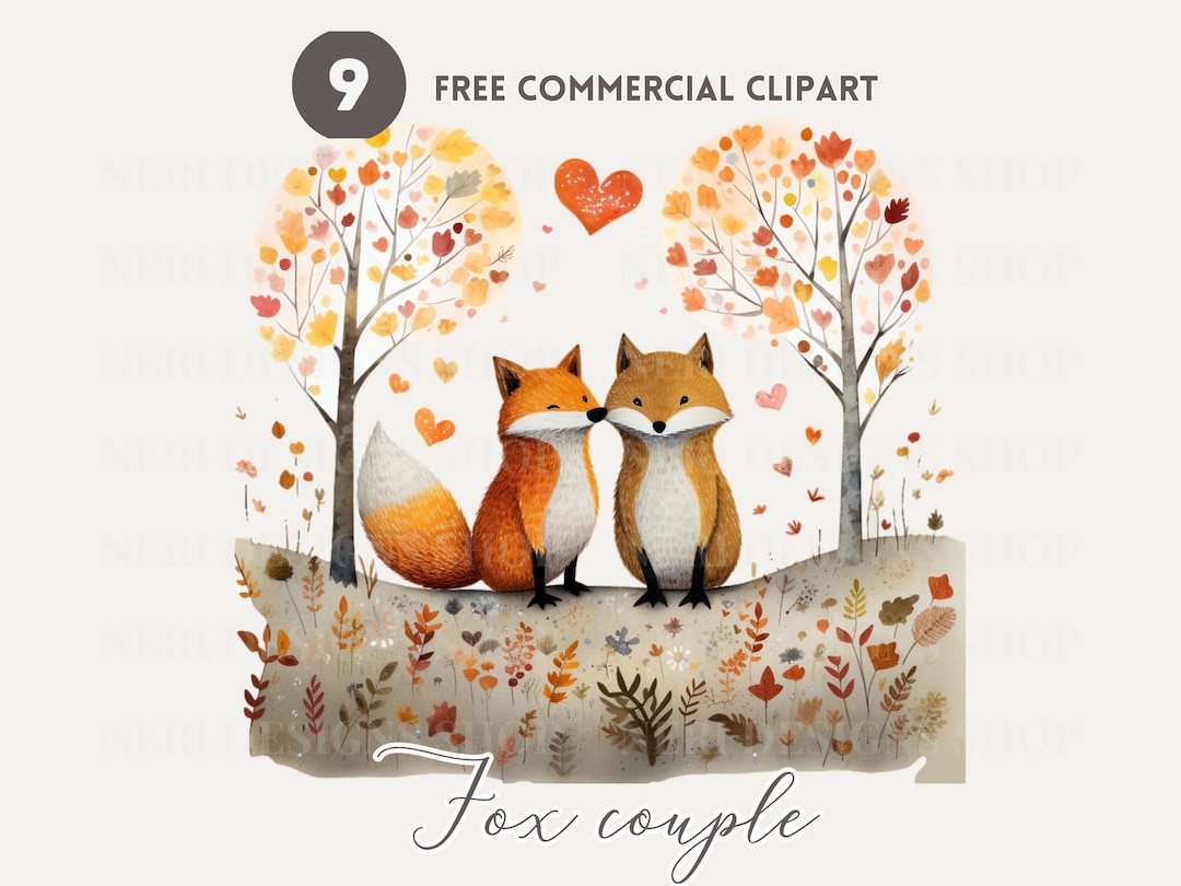 Cute Fox Couple Watercolor Clipart Bundle, Fox Love Free Commercial PNG ...