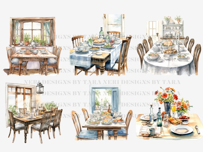 Rustic Dining Table With Food Watercolor Clipart Bundle Free Commercial ...