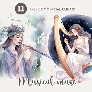 Enchanted Girl Playing Musical Instrument Watercolor Clipart Bundle ...