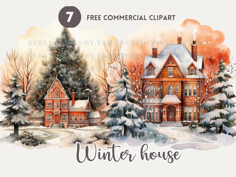 Cozy Winter House Watercolor Clipart Bundle, Christmas Scenery Free ...