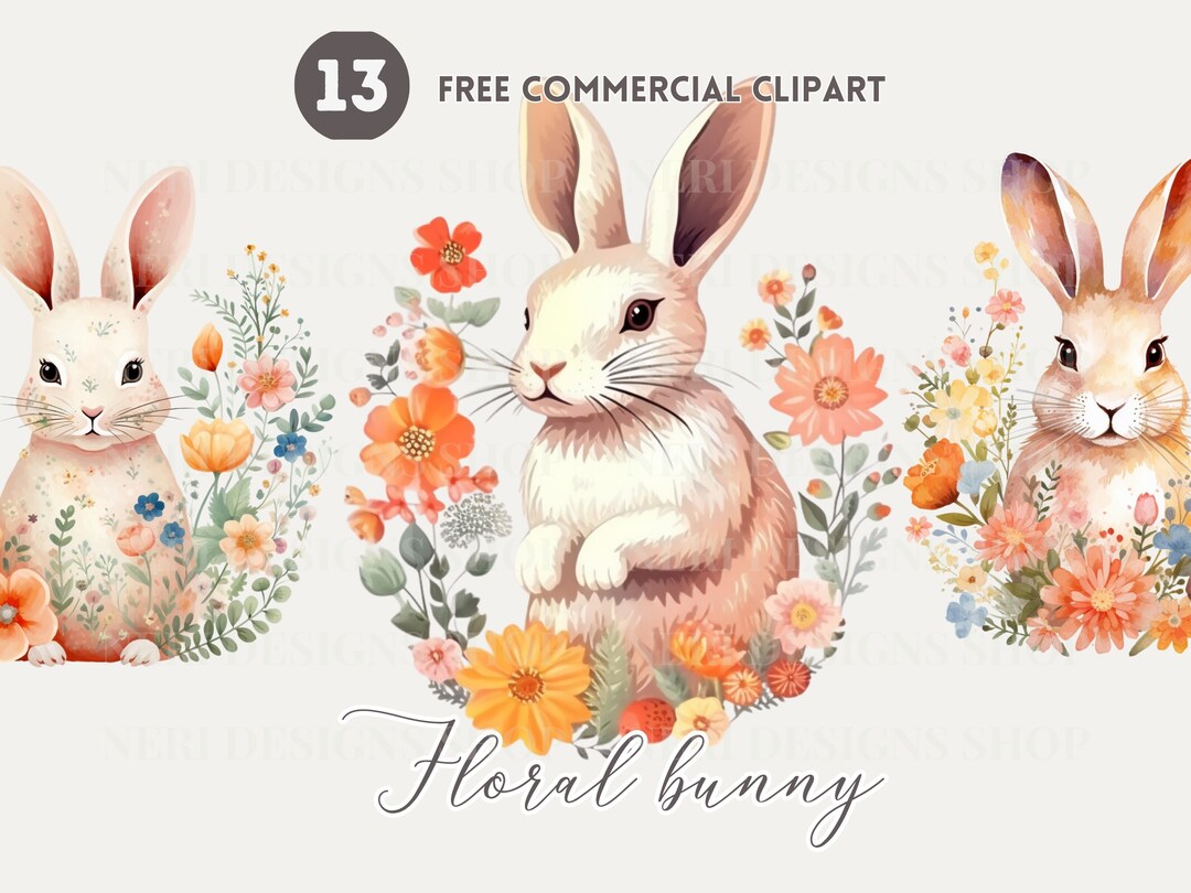Bunny Watercolor Clipart, Hare Surrounded by Floral Element Free ...