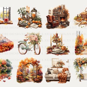 Cozy Fall Season Watercolor Clipart Bundle, Autumn Garden Bench, Food ...