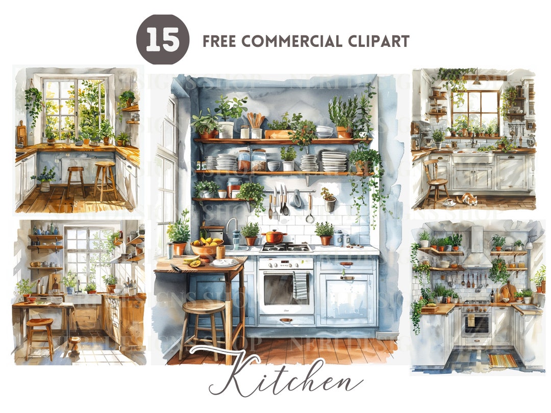 Cozy Modern Kitchen Watercolor Clipart Bundle, Homely Kitchen Free ...