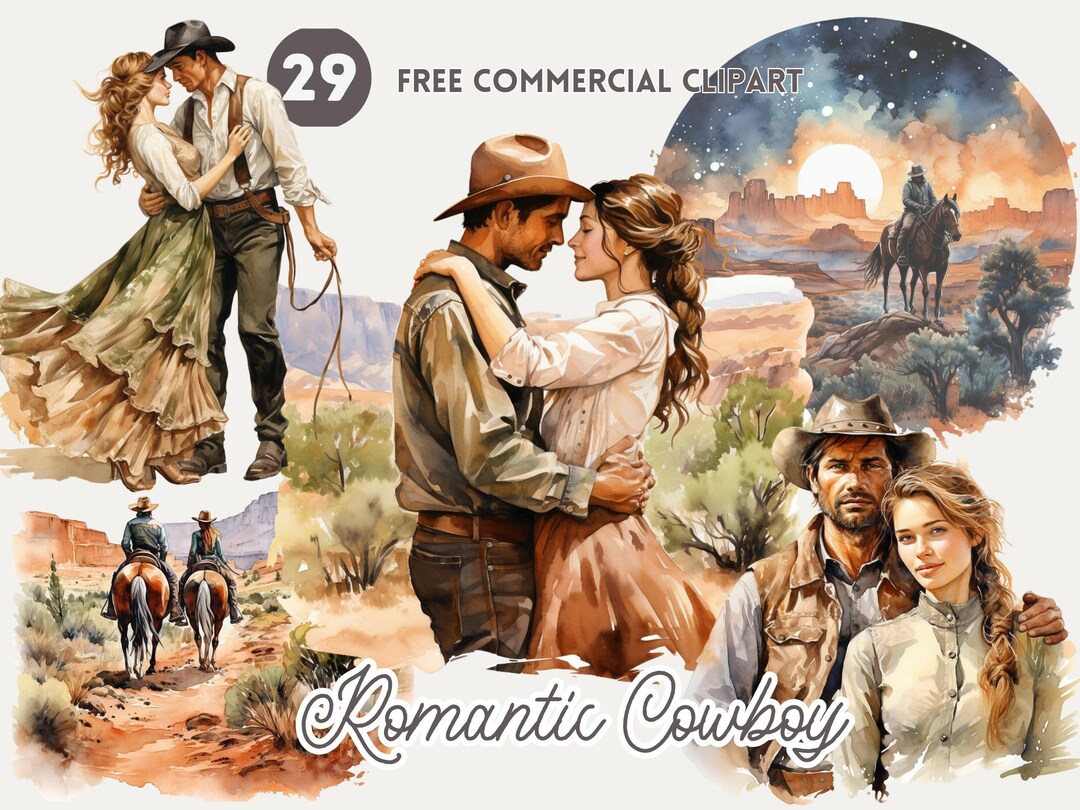 Romantic Cowboy Watercolor Clipart Bundle, Cowboy Embracing His Partner ...