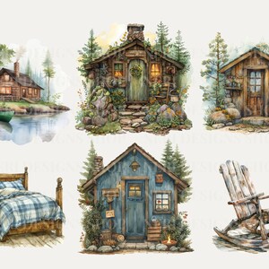 Forest Rustic Cabin Watercolor Clipart Bundle, Serene Woodland Lodge ...