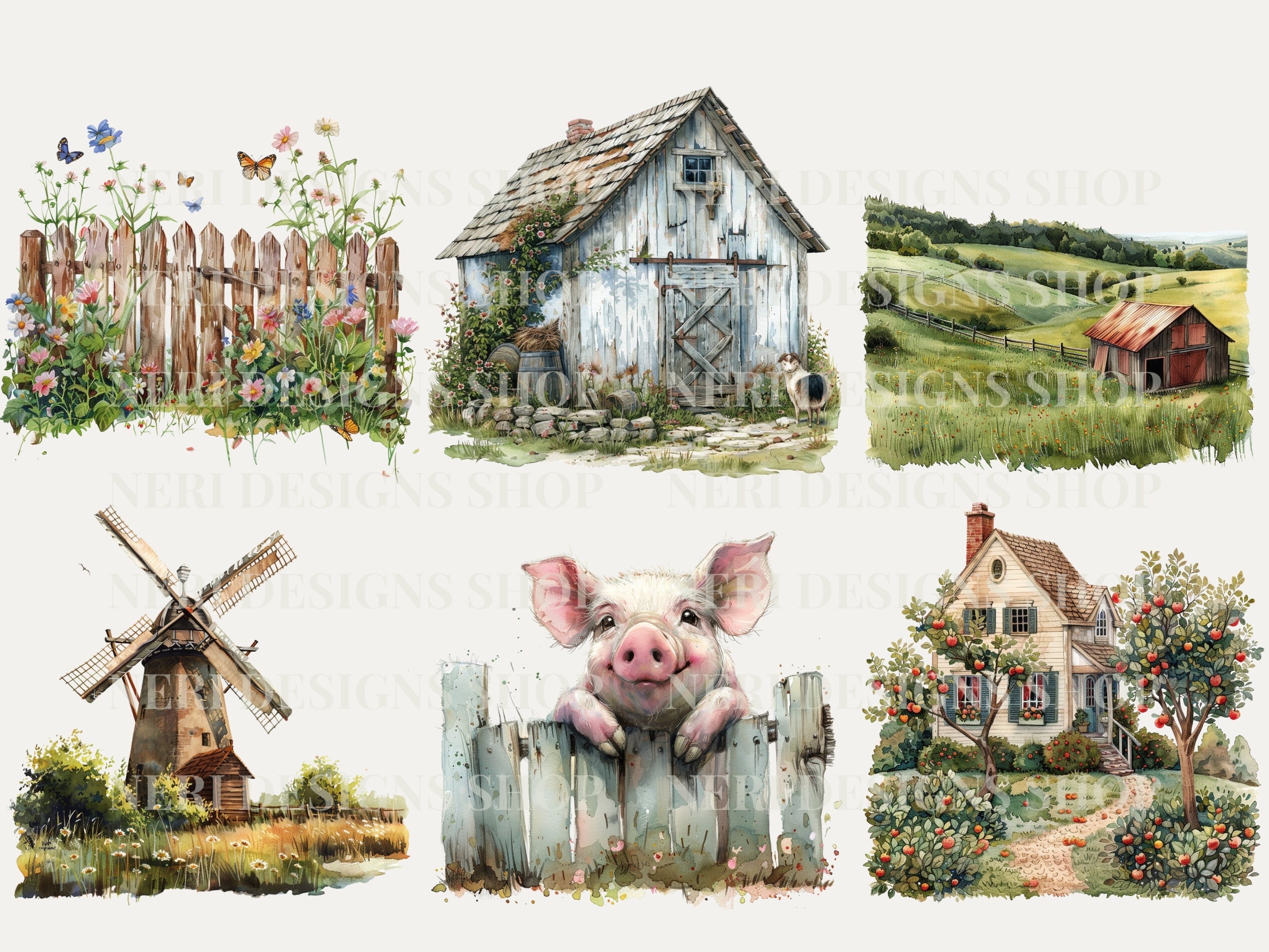 Farm Life Watercolor Clipart Bundle Cottagecore Free Commercial PNG ...