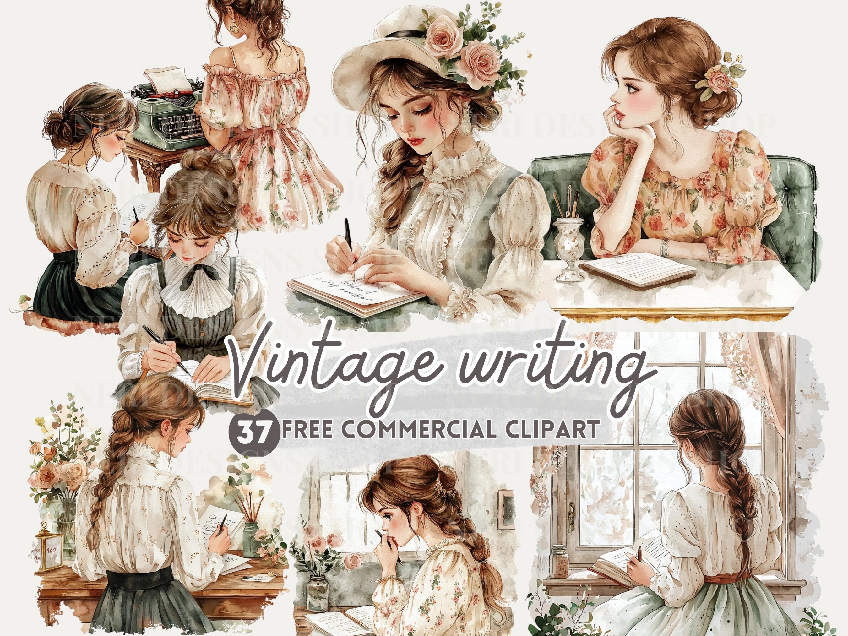 Vintage Lady Writing Watercolor Clipart, Classic Girl Typing Free ...