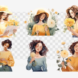 Floral Lady Watercolor Clipart Bundle Girl and Yellow Flower Bloom Free ...